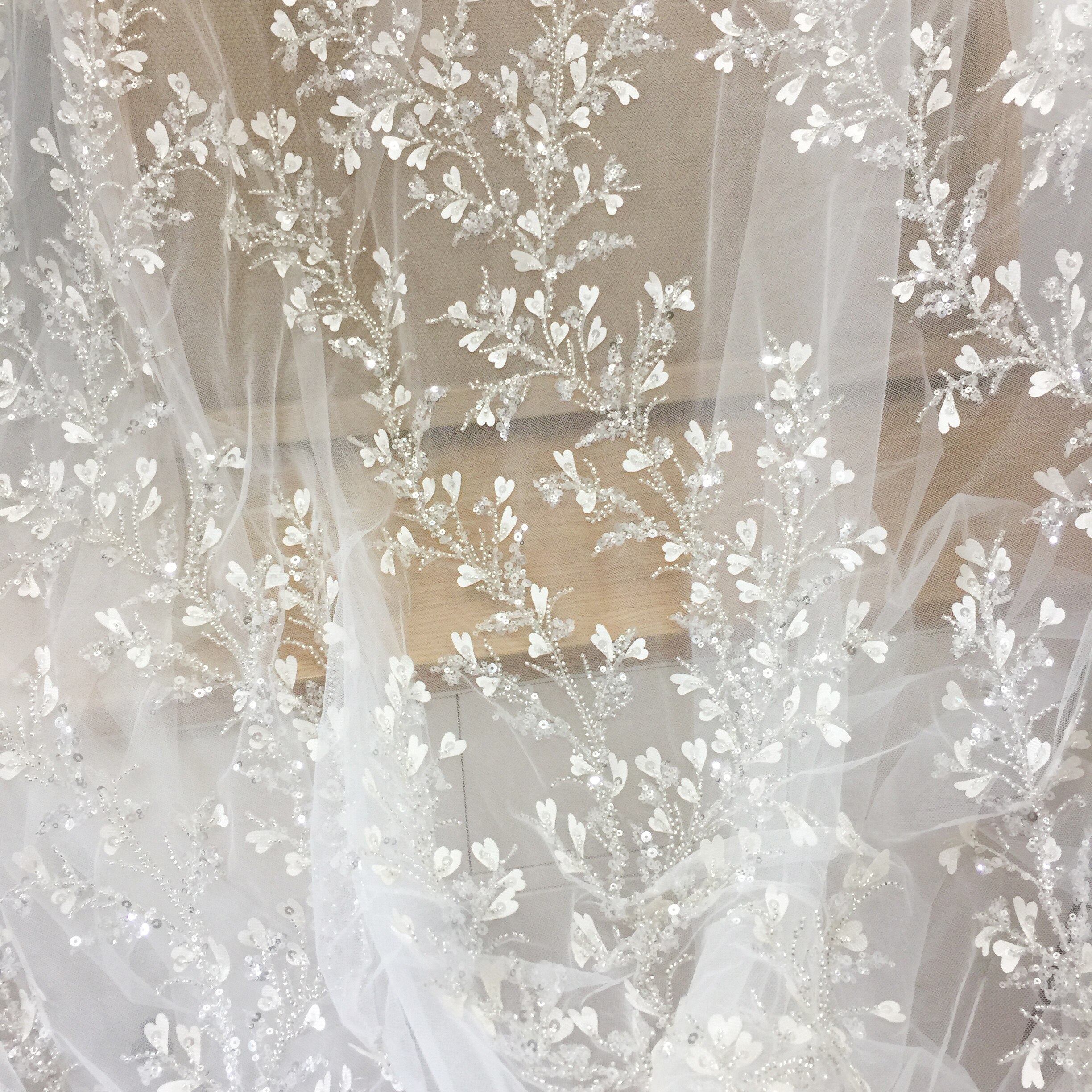 Luxury heavy beading tulle lace fabric ivory color... – Grandado