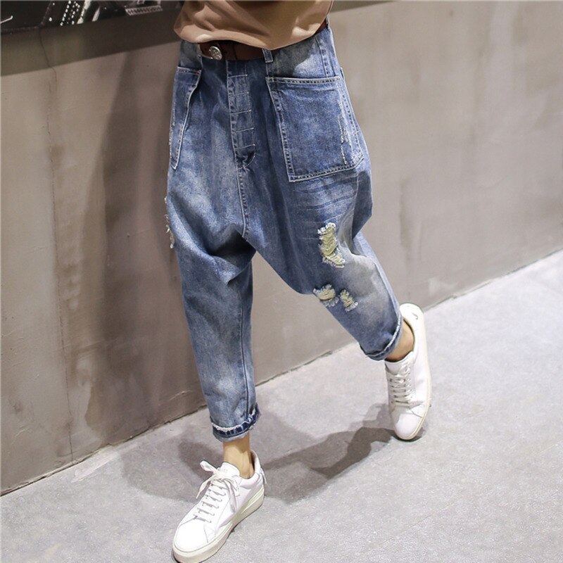 Summer blue Crotch denim pants Male Streetwear dan... – Grandado