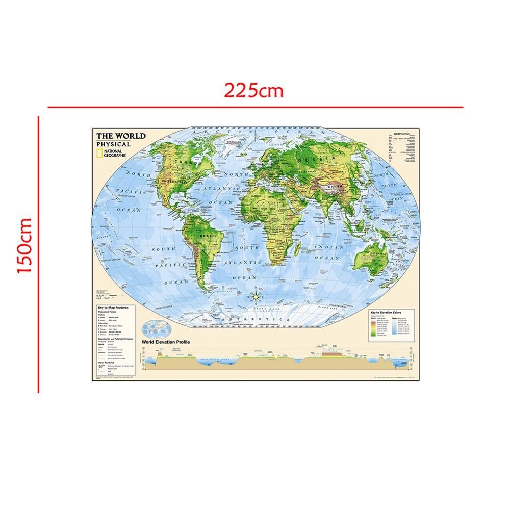 150x225cm The World Physical Map Elevation Profile... – Grandado