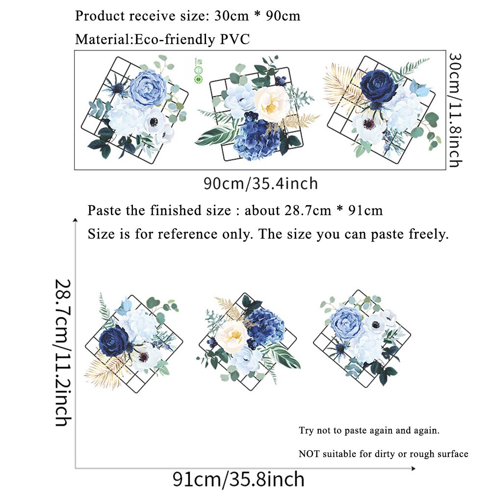 Grid Blue Peony Flowers Wall Sticker Living Room E... – Vicedeal