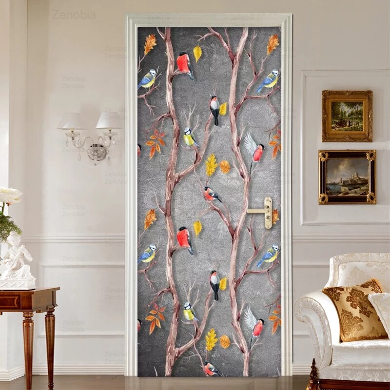 3D Door Sticker Cartoon Flower Bird Texture Modern... – Grandado