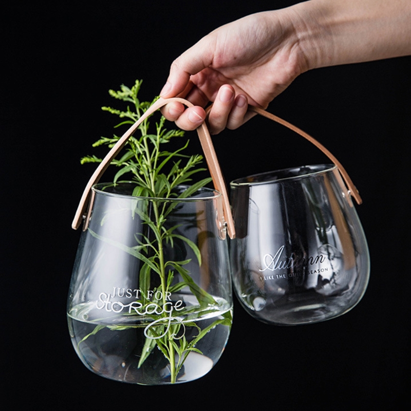 Clear Glass Vase with Leather Handle Tabletop Flow... – Grandado