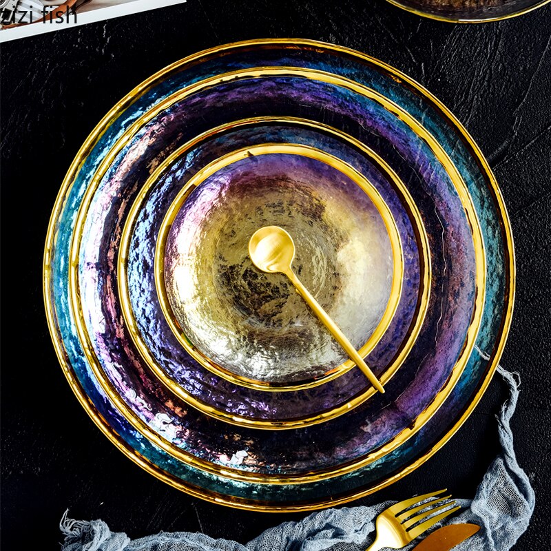 Round Transparent Glass Golden Edge Plate Fruit Sa... – Grandado