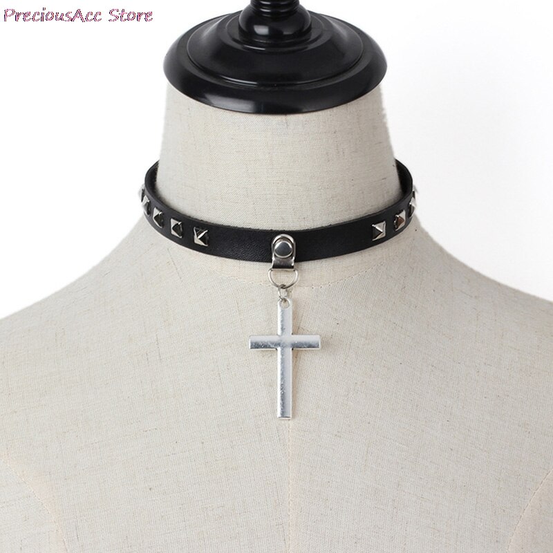 Spike Choker Gothic PU Leather Cross Sun Key Heart... – Grandado