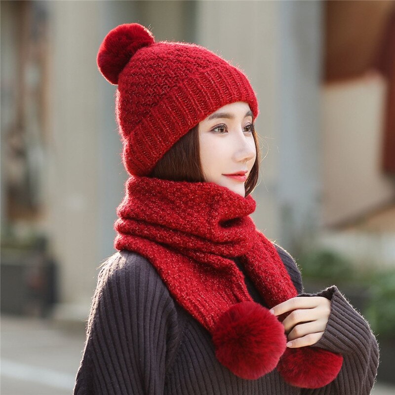 Knit Woolen Hat Set Winter Women Caps And Scarf Gi... – Grandado