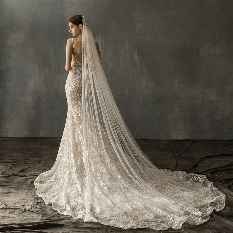 Velo da sposa con perle pettine uno strato lungo c... – Vicedeal