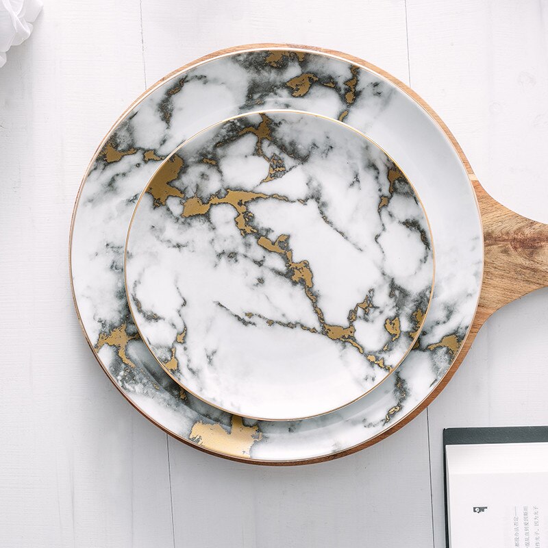 Gold Inlay Dinner Dish Ceramic Marble Plates Dinne... – Grandado