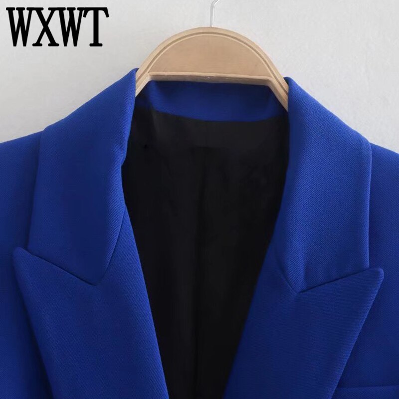 WXWT Women Blue Double Breasted Blazers Notched Co... – Grandado