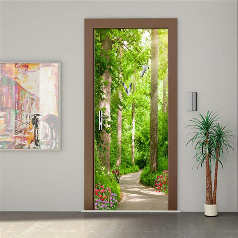 3D Wall Door Sticker Green Forest Path Landscape W... – Grandado