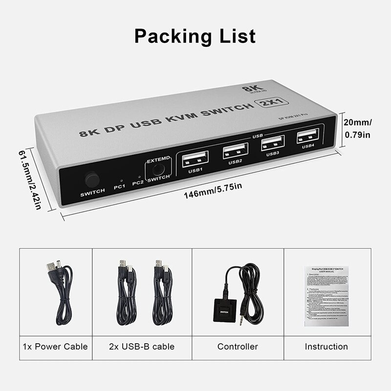Displayport Kvm Switch 2 Port 8K 60Hz Usb En Dp Sw... – Vicedeal