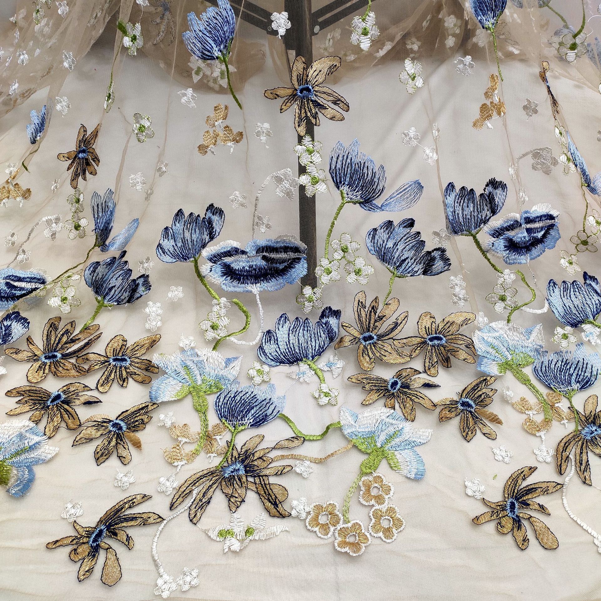 Luxury Embroidered Blue Yellow Flower Lace Fabric ... – Vicedeal