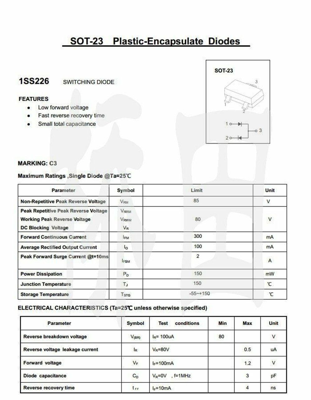 100PCS 1SS226 C3 0.1A 80V SOT-23 Switching Diodes ... – Grandado