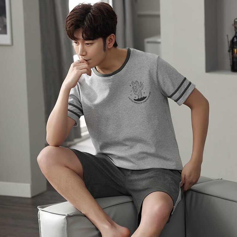 Sommer Gestrickte Baumwolle Männer Pyjamas Kurzarm... – Vicedeal