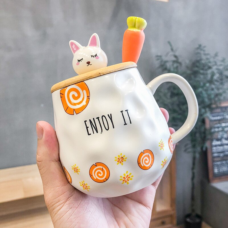 400ML Cartoon Ceramic Mug Turnip Rabbit Wooden Lid... – Vicedeal