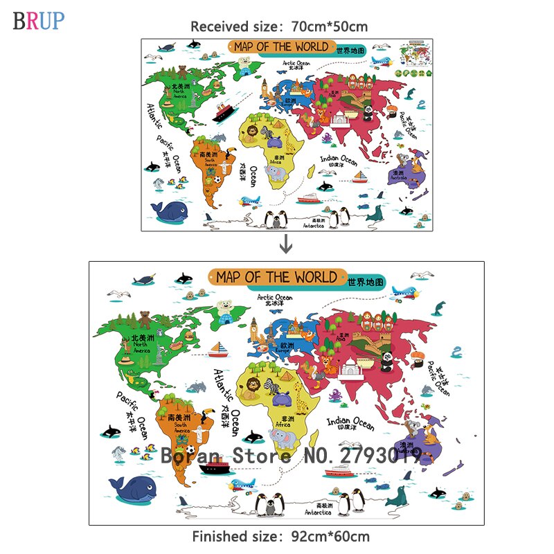 92*60cm Cartoon World Map Wall Stickers Colorful M... – Grandado