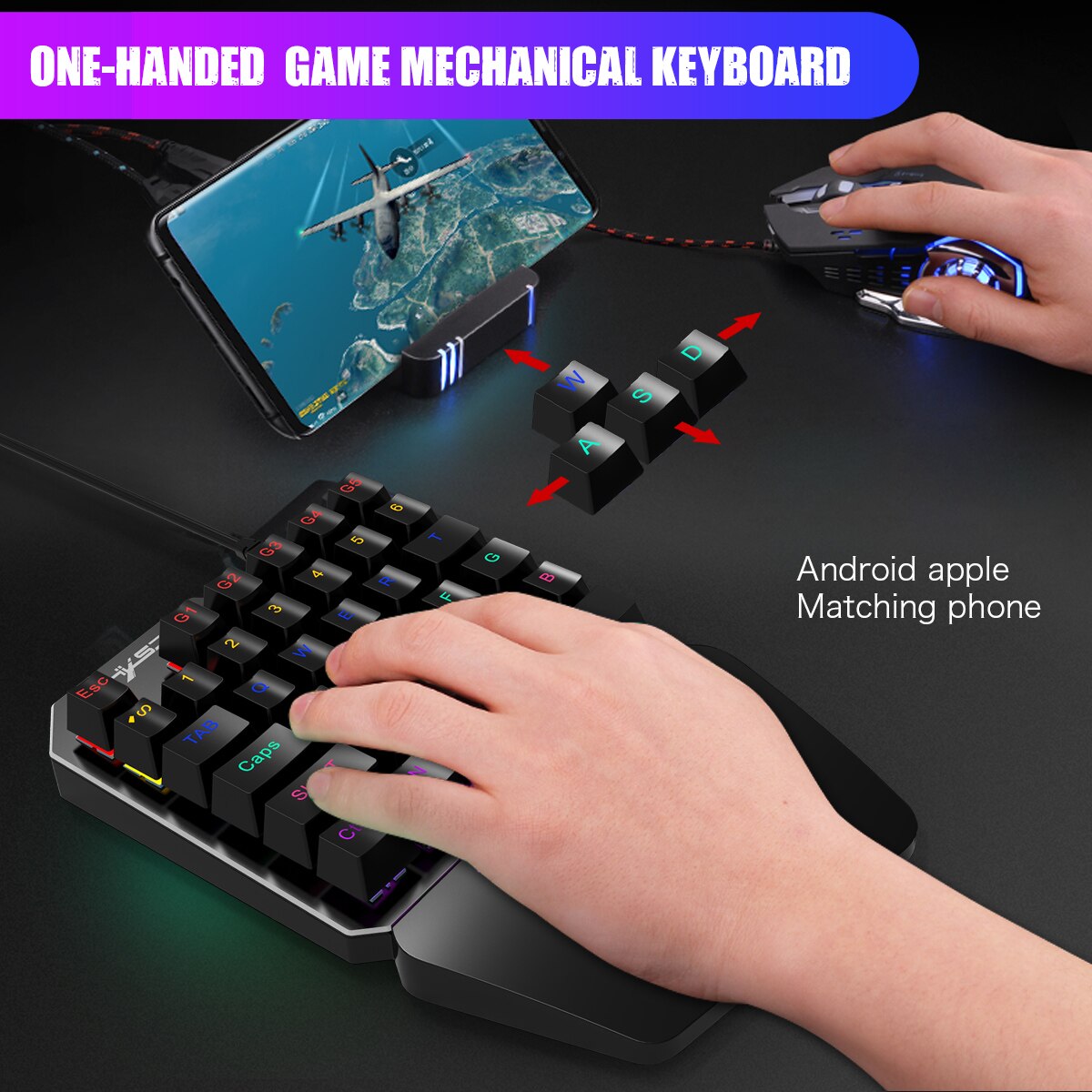 One-Handed Gaming mechani Keyboard RGB Backlit Por... – Vicedeal