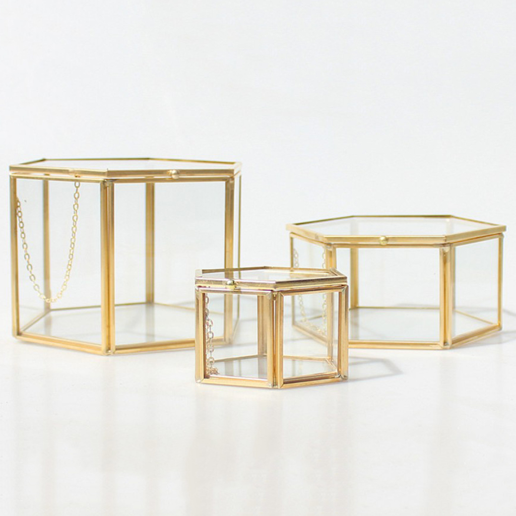 Modern Hexagon Clear Glass Brass Geometric Terrari... – Grandado