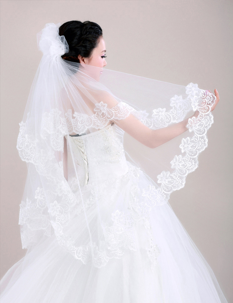 Wedding Veil Photos lace edge long Cathedral veil/... – Grandado