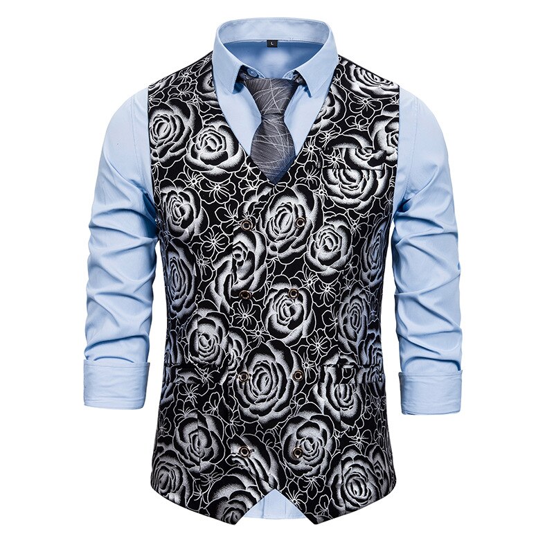 Men Gold Rose Print Suit Vest Sleeveless Double Bu... – Vicedeal