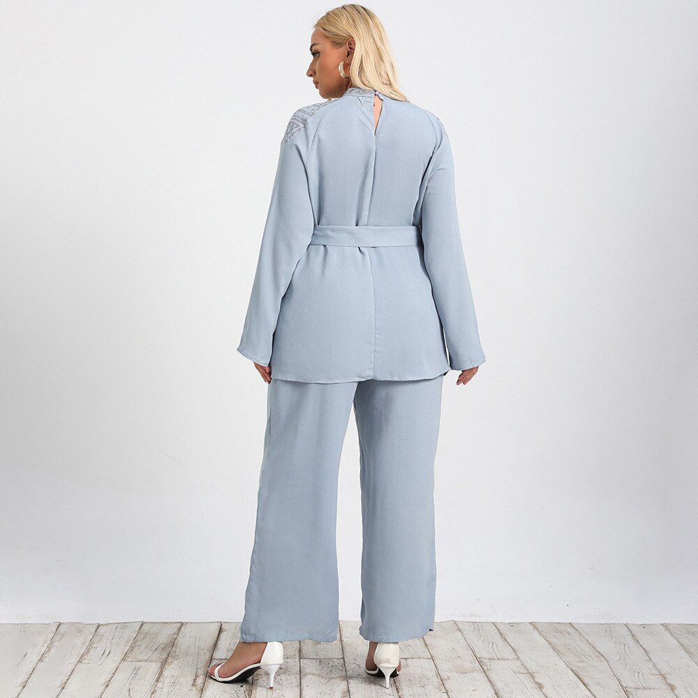 JHBeute Blue Women Long Suit Autumn Linen Two Piec... – Grandado