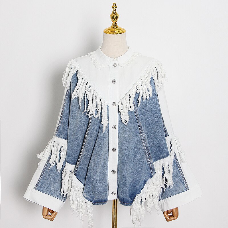 Twotwinstyle patchwork kwastje denim jas voor dame... – Vicedeal