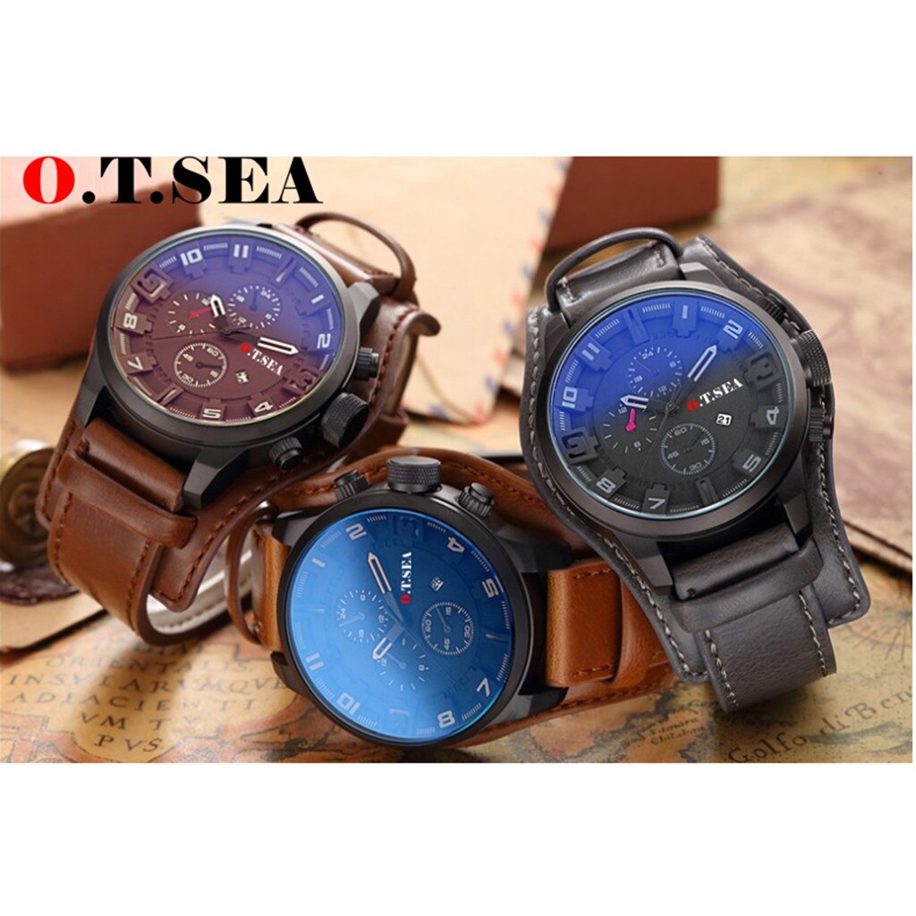 Quartz WristWatch Three Eyes Calendar Leather Stra... – Grandado