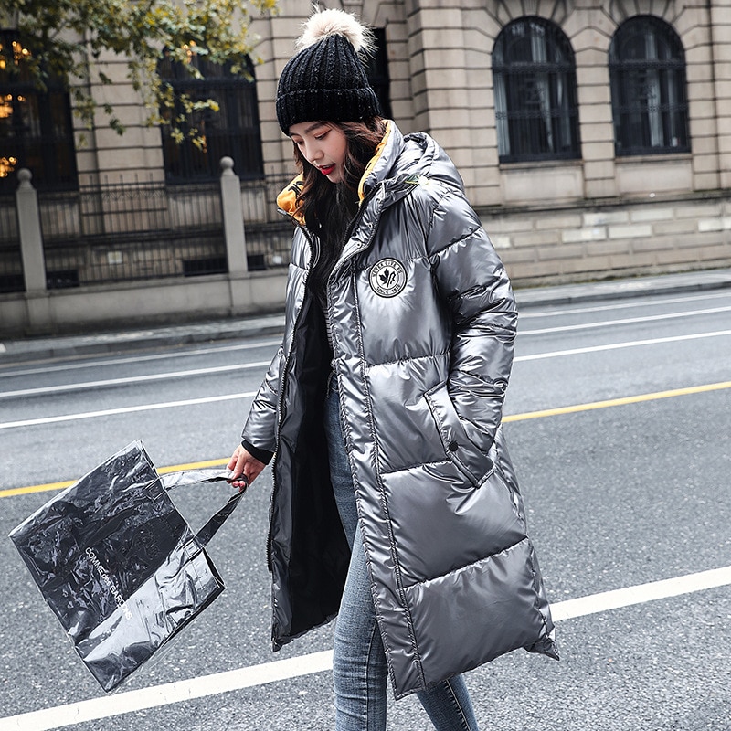 Glossy Silver Down Jackets Winter Women's Long Hoo... – Grandado