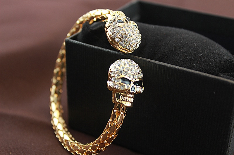 Punk Skull Crystal Open Bangle For Men f othic Dou... – Grandado