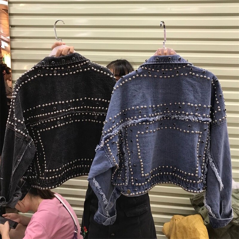 Womens Studded Rivet Denim Jacket Women Loose Shor... – Grandado