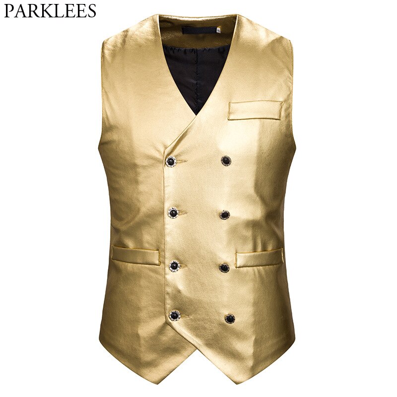 Gold Coated Metallic Double Breasted Vest Men 70's... – Grandado