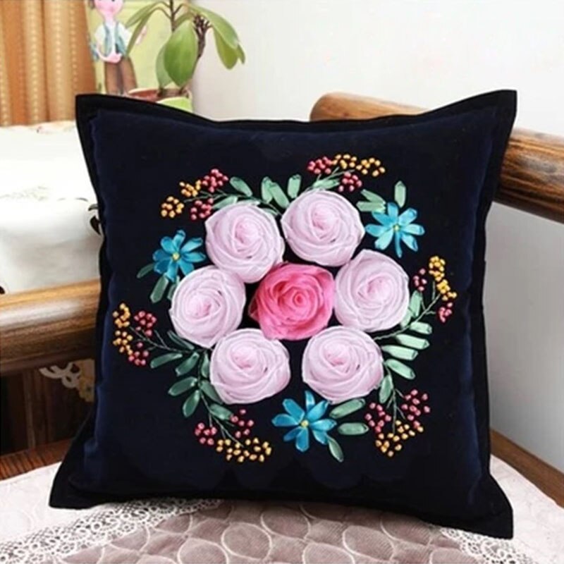 Pink Roses Flowers Ribbon Embroidery Kit Toolkit C... – Grandado