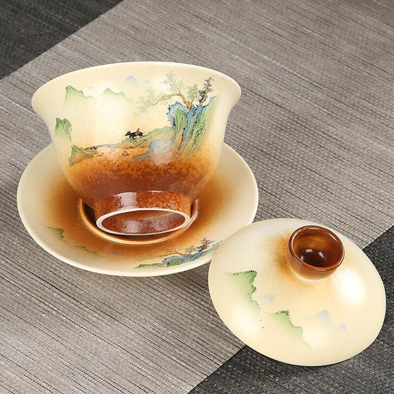 Retro Coarse Pottery Sancai Gaiwan Hand-painted Te... – Grandado
