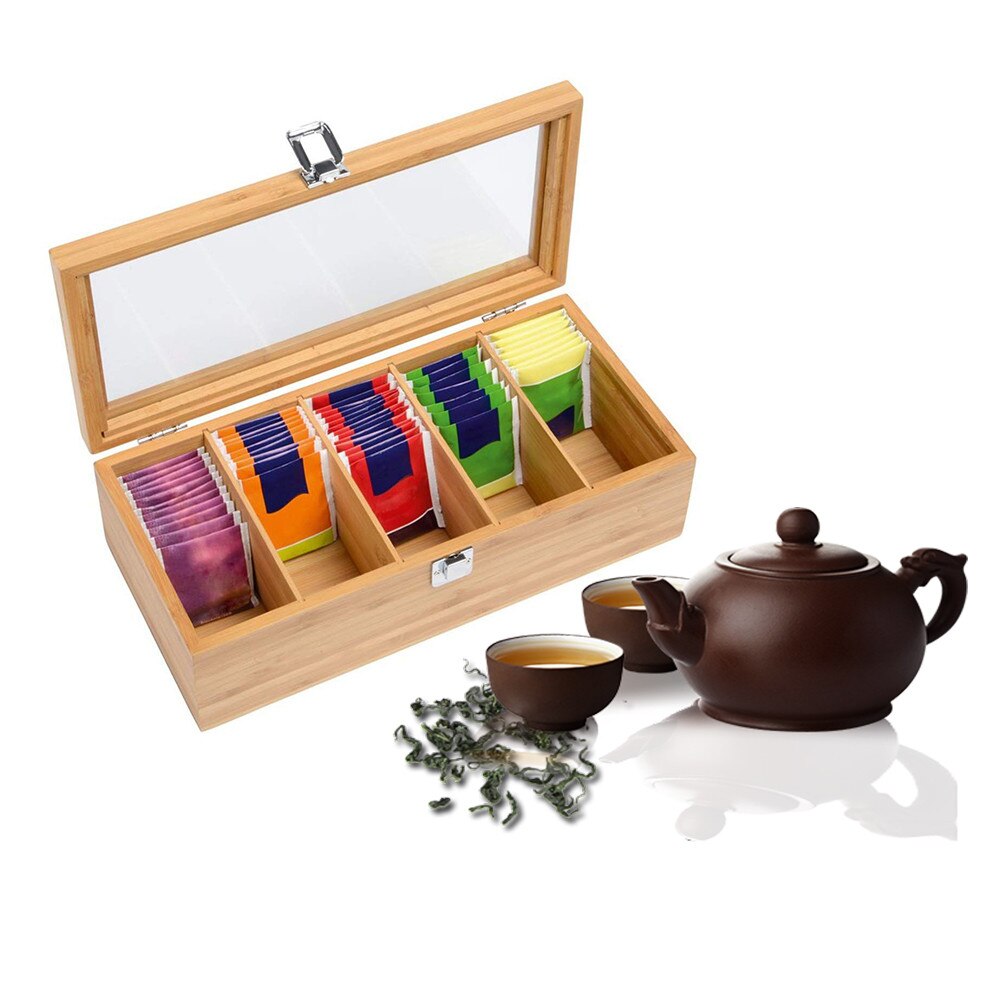 5-grid Natural Wood Tea Caddies Tea Bag Multifunct... – Grandado