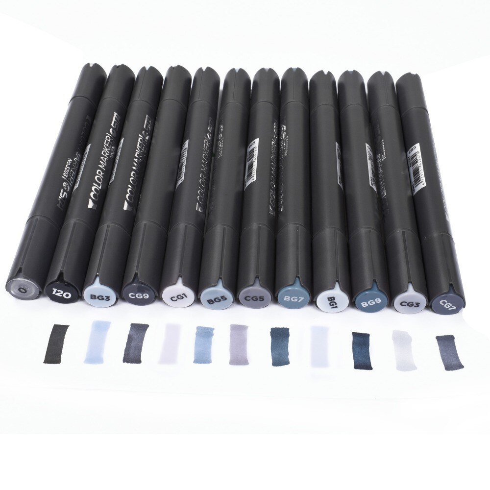 12 Color Grayscale Marker Pen Set Cool Grey Dual H... – Grandado