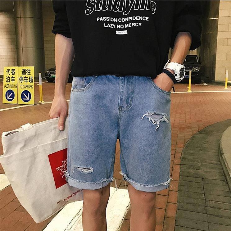 Jeans Men Denim Knee Length Holes Ripped Korean St... – Grandado