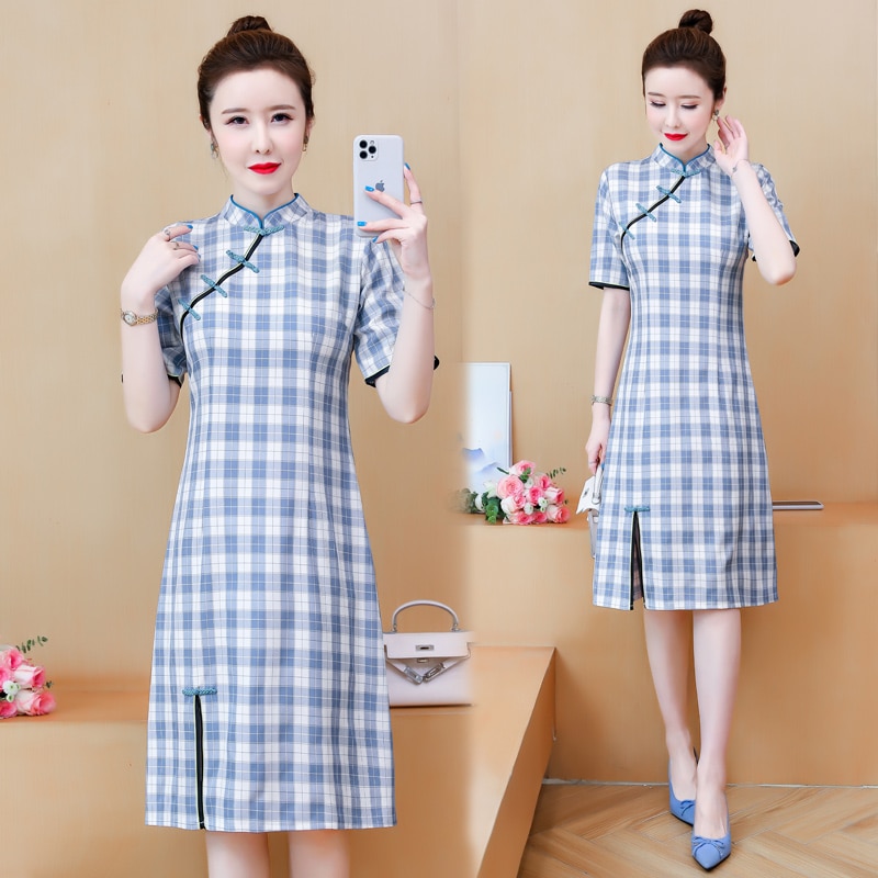 Ins M-4XL Plus Size Vintage Blauwe Plaid Chinese Q... – Grandado