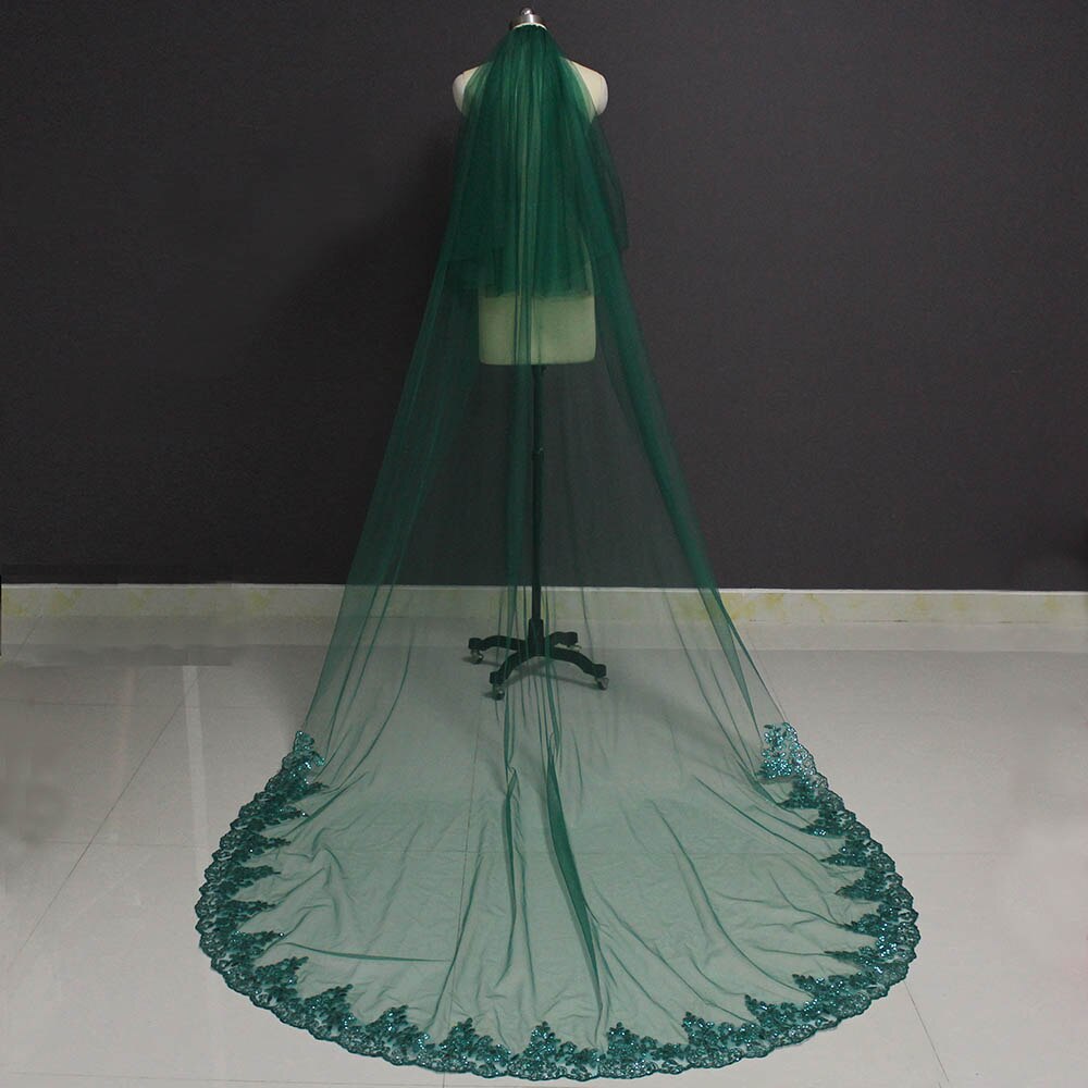 Velo de novia largo verde con 2 T, cubierta de enc... – Grandado