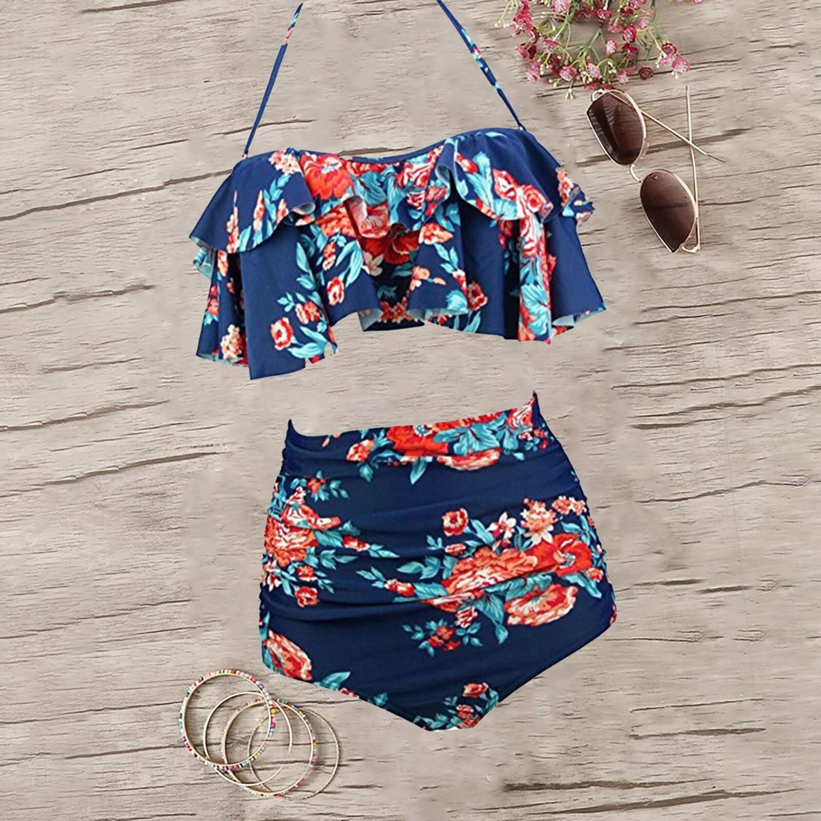 KANCOOLD swimwear feminine print ruffled halter ne... – Grandado