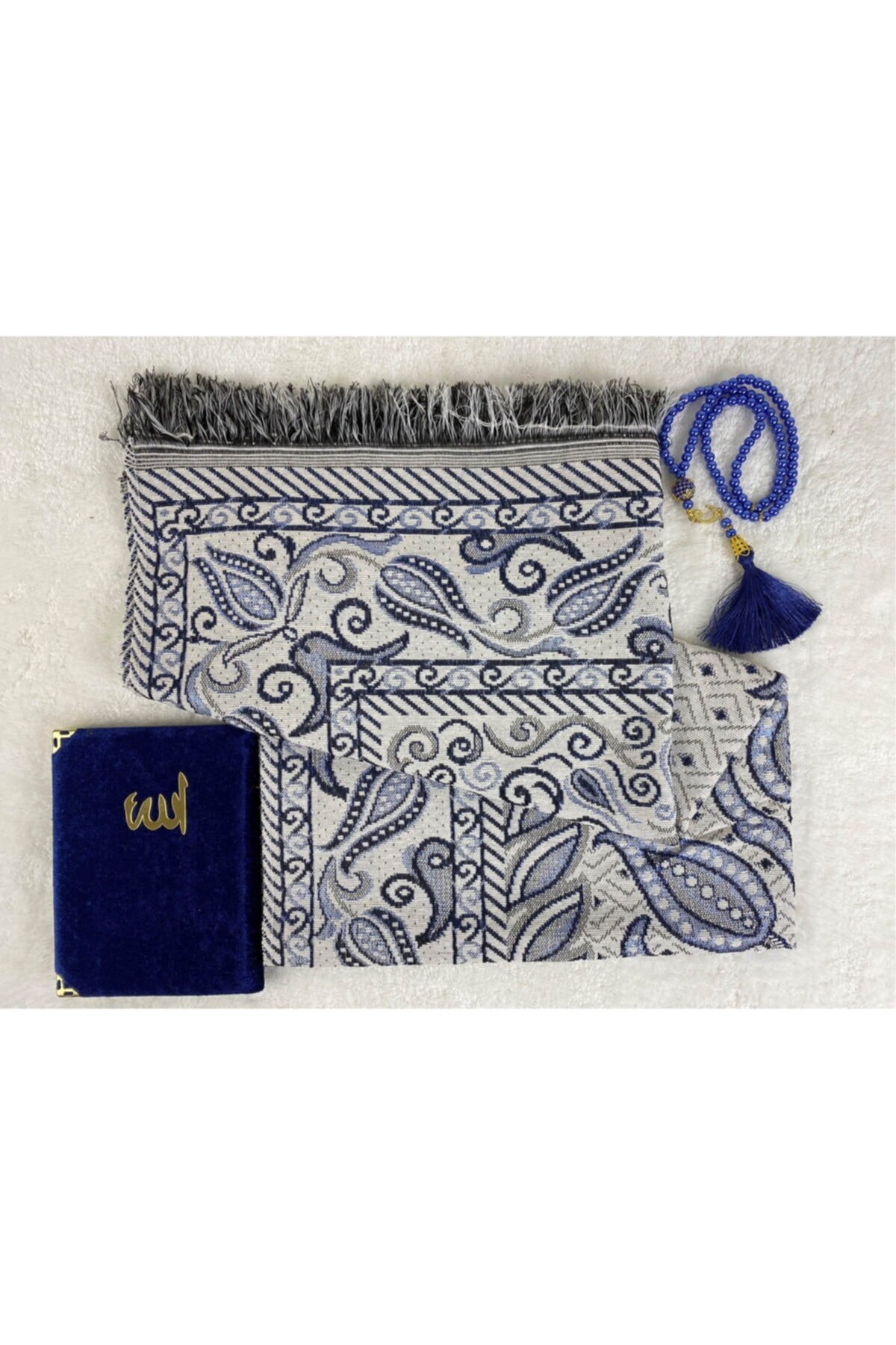Islamic Prayer Rug Set With Navy Blue Rosary and M... – Grandado
