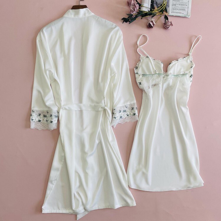 White Bride Sexy Satin Lace Robe Sets 2PCS Summer ... – Grandado