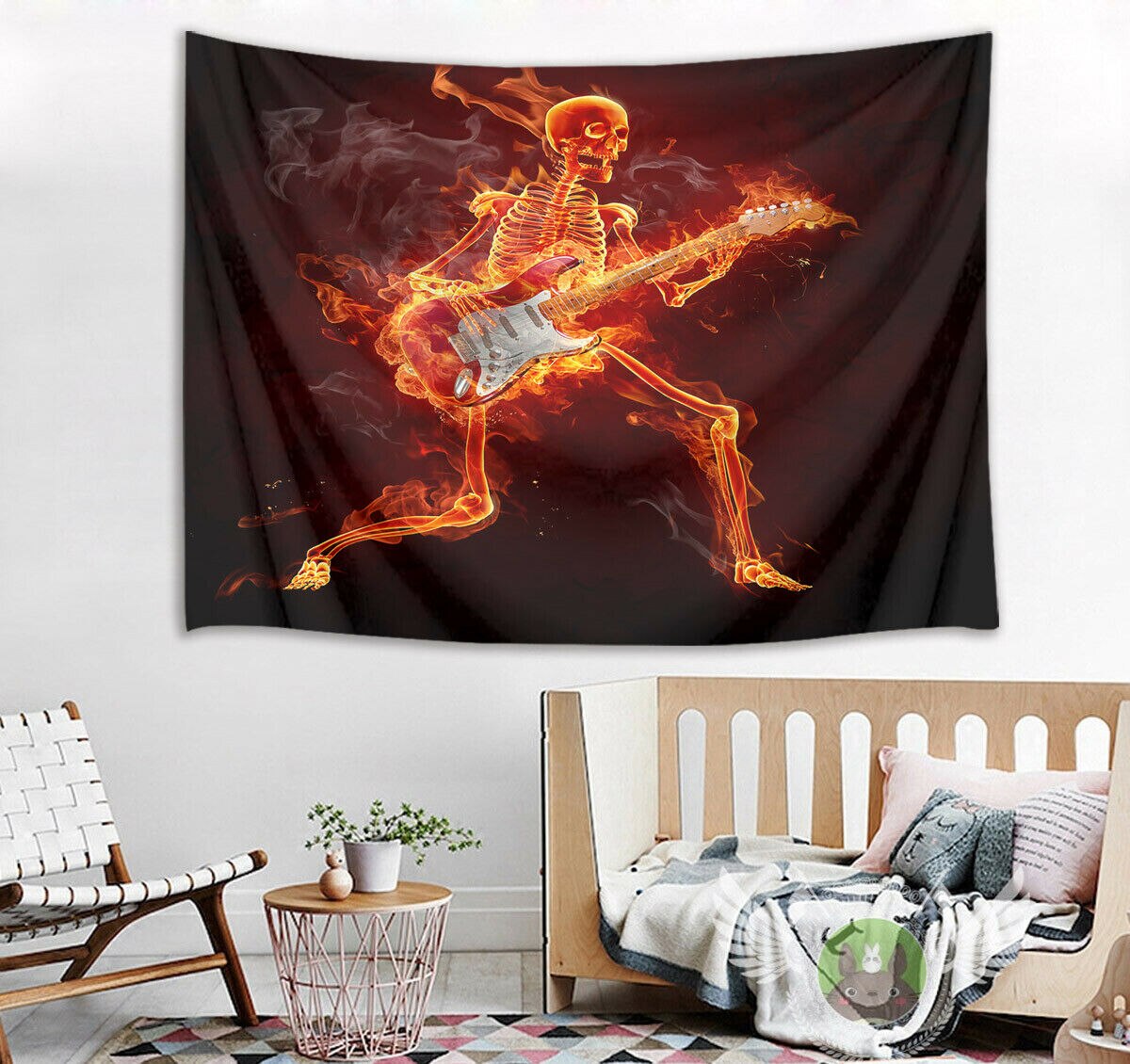 Brandende Schedel Rock Gitaar Tapijt Muur Opknopin... – Grandado