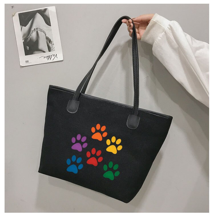 Colorful Paws Printed Canvas Tote Bag Shoulder Han... – Grandado