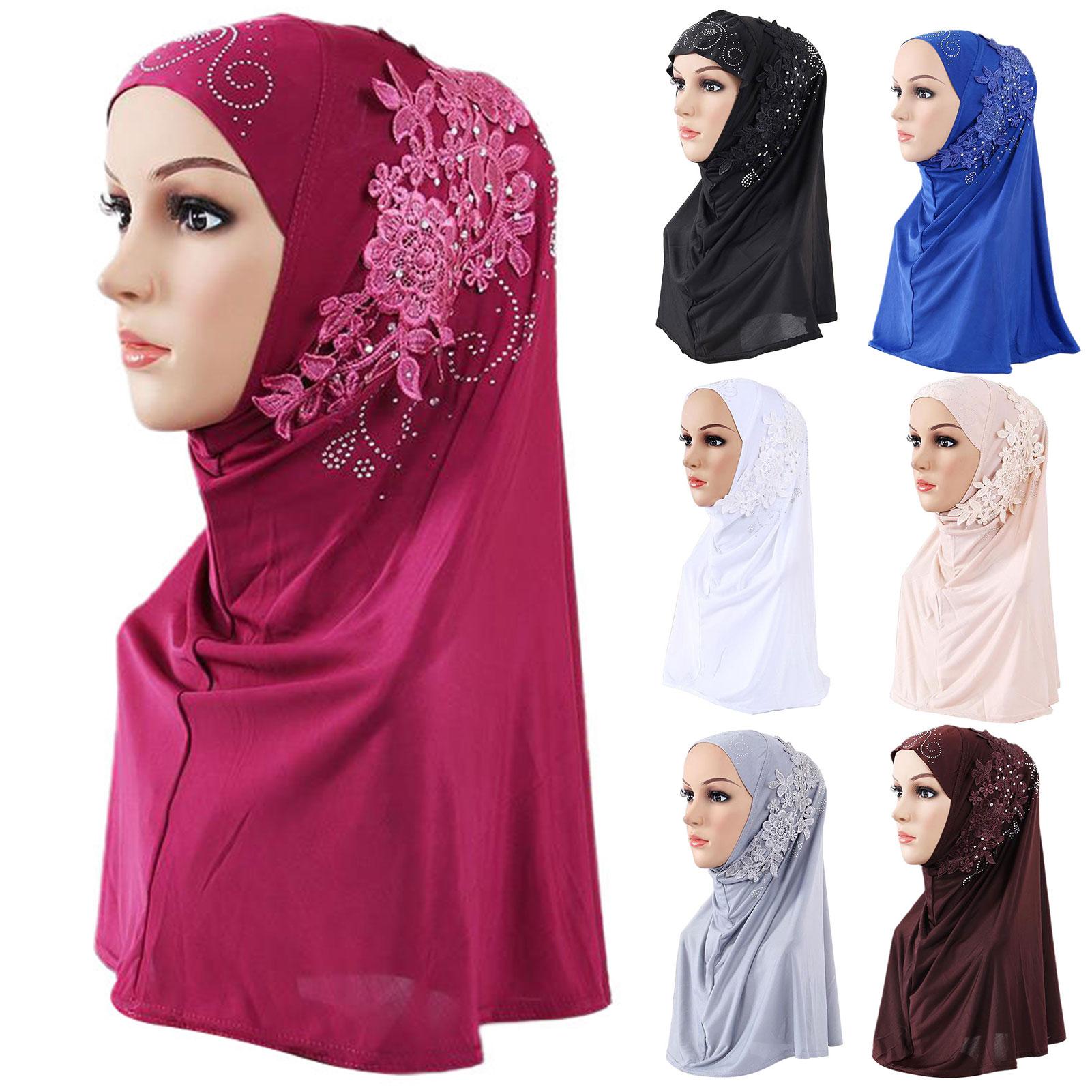 Vrouwen Effen Kleur Kant Strass Moslim Hijab Wrap ... – Vicedeal