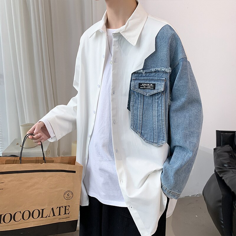 Men Long Sleeves Shirt Mens Summer White Patchwork... – Grandado