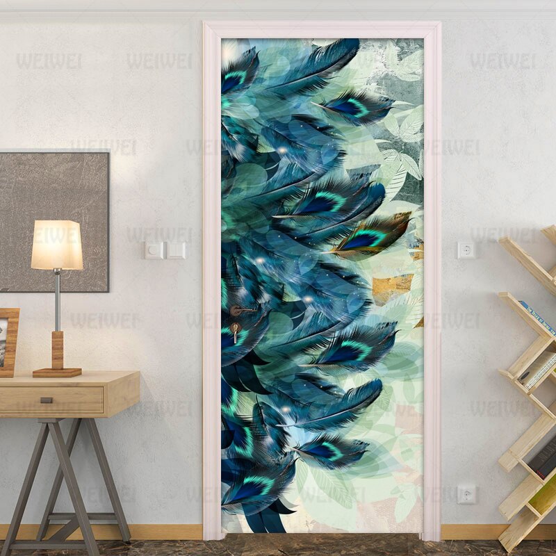 Blauwe Veer Deur Sticker Muurschildering Behang Mu... – Grandado