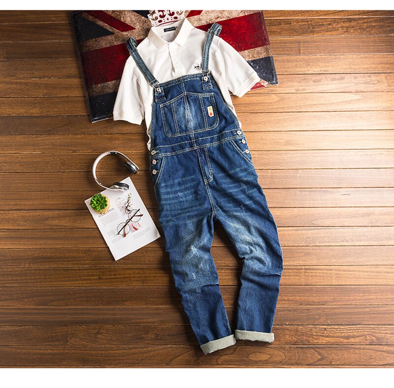 Retro blue overalls men's jeans denim overalls big... – Grandado