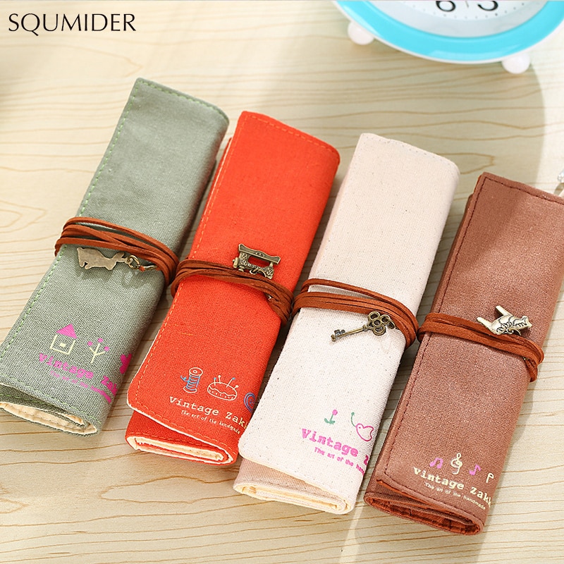 Creatieve Retro Canvas Etui Roll Leer Pu Pencil Ba... – Grandado