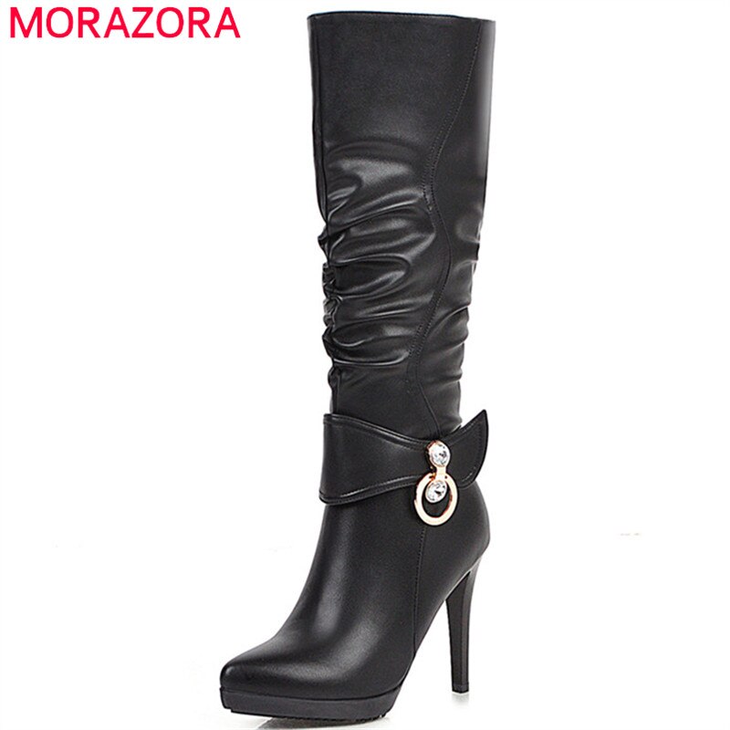 MORAZORA women knee high boots pointed toe crystal... – Vicedeal