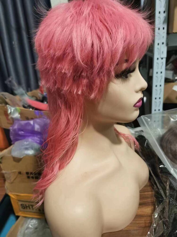Pink Mullet With Bangs Women Short Wave Curly Part... – Grandado