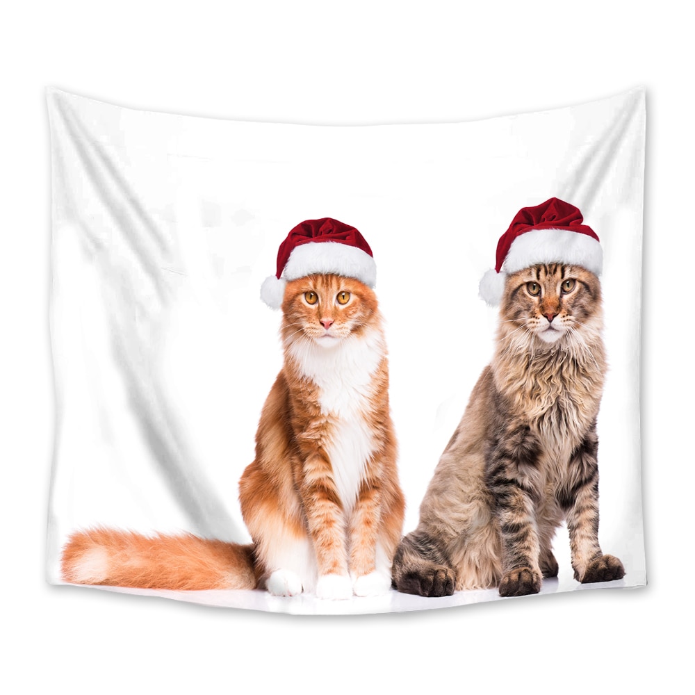 Rode Kerst Hoed Leuke Kat Tapestry Witte Muur Opkn... – Grandado